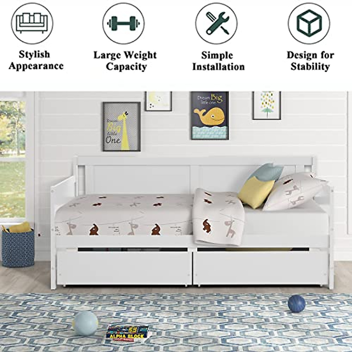 HOUAGI Daybed with 2 Storage Drawers,Twin Size Sofa Bed for Bedroom Living Room,White
