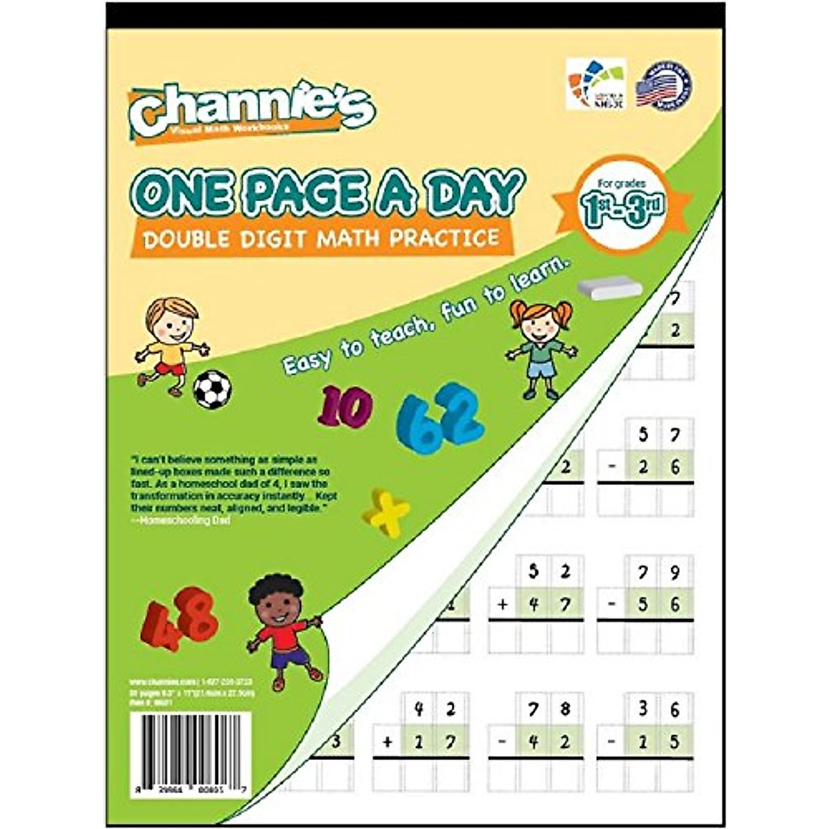 Channie’s One Page A Day Workbook, Double Digit Math Practice Worksheets, Total 100 Pages Front & Back (50 Sheets) in 2-Pack Set, Grades 1st, 2nd & 3rd, Size 8.5” x 11” (2 Pack)