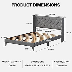 DOGIBIXO Queen Size Bed Frame with LED Lights, Upholstered Bed Frame with Wingback Diamond Tufted Headboard, Wood Slats Support, Noise-Free, Easy Assembly, No Box Spring Needed, Grey