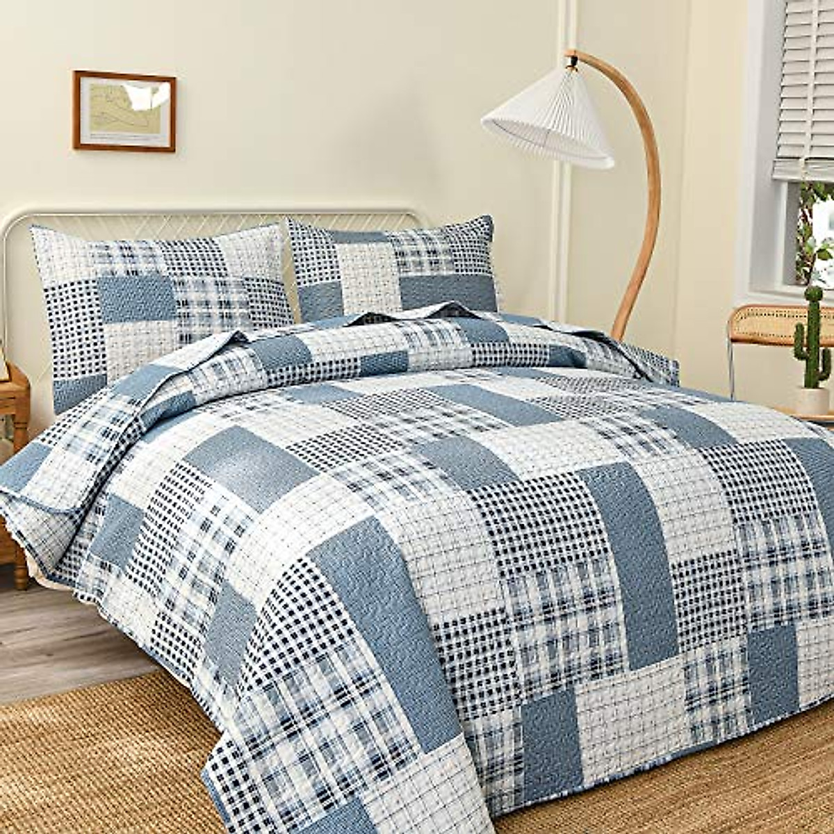 Green Essen Blue White Plaid Quilts King Size Lightweight Patchwork Quilt Soft Breathable Check Bedspread Gingham Bedding Checker Pattern Coverlet Bed Cover Set Geometric Home Decor