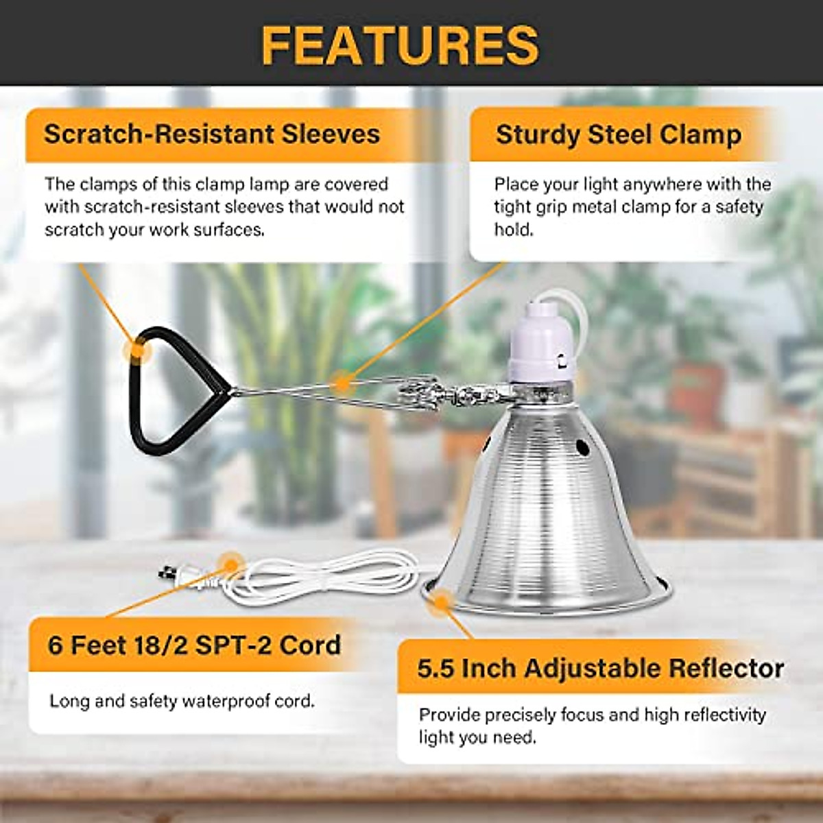 Simple Deluxe Clamp Lamp Light with 5.5 Inch Aluminum Reflector up to 60 Watt E26 Socket (no Bulb Included) 6 Feet 18/2 SPT-2 Cord,Silver and White,1 Pack