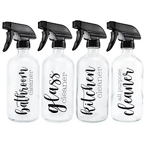 Cornucopia Brands Cleaning Spray Bottles Set, Glass (Set of 4, 16-Ounce); Refillable Trigger Sprayers w/Mist/Stream Settings and Farmhouse Script