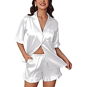 Ekouaer Pajama Sets for Women Soft Satin Sleeping Wear Summer Silky Short Sleeve Pjs Two Piece Lounge Set White,Small