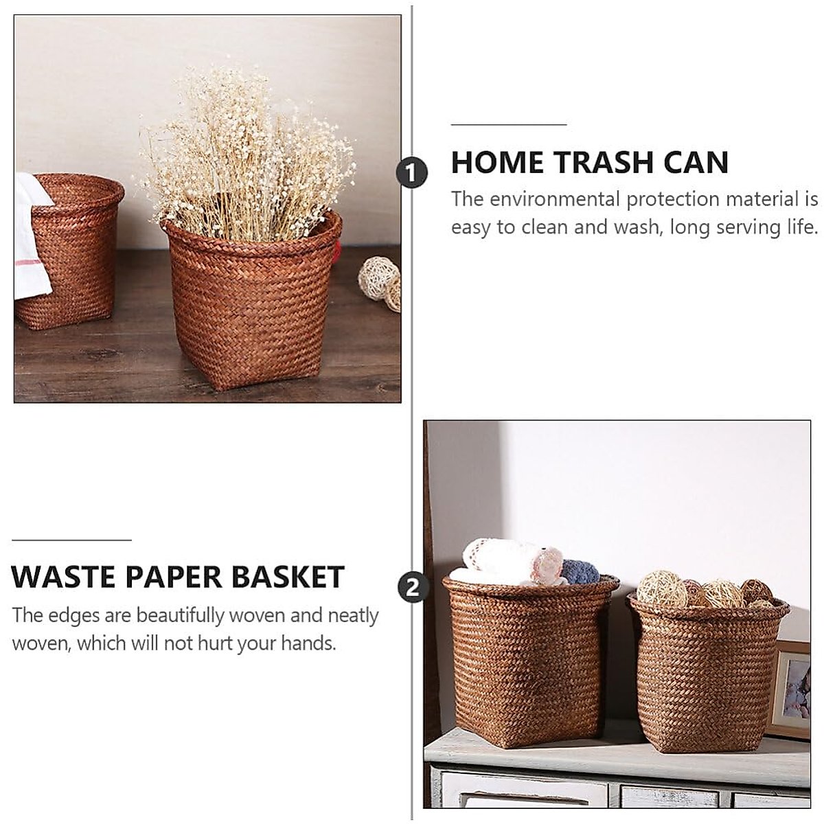 1Pc Straw Woven Wastebasket Retro Garbage Can Straw Rubbish Container Wicker Waste Basket（Small）