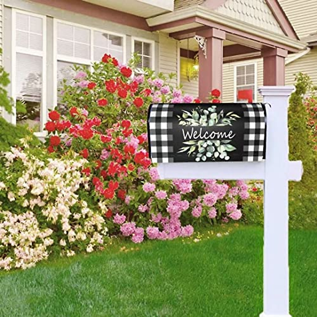 Spring Welcome Mailbox Covers Magnetic Standard Size 18" x 21", Buffalo Plaid Wreath Mailbox Covers Mail Wraps Cover Letter Post Box for Gardern Yard Outdoor Decor