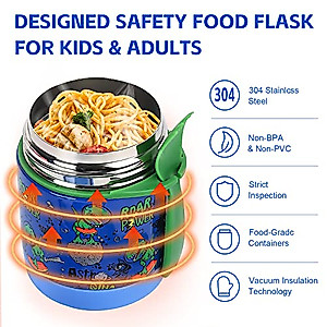 Pawtong 10oz Soup Thermo for Hot Food Kids Insulated Food Jar,Thermo Hot Food Lunch Container, Width Mouth Stainless Steel Lunch Box for Kids with Spoon (Blue-dinosaur)