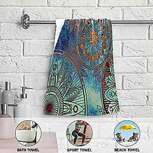 Oyihfvs Damask with Circles Flowers in Blue, Orange and Gold 2 Pieces Face Towel, Highly Absorbent Cotton Dish Hand Towels, Soft Washcloth for Spa Bathroom Hotel Kitchen Beach Gym Yoga
