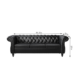 ONCIN Chesterfield Sofa Leather for Living Room, 3 Seater Sofa Tufted Couch Faux Leather with Rolled Arms and Nailhead for Living Room, Bedroom, Office, Apartment (Black)