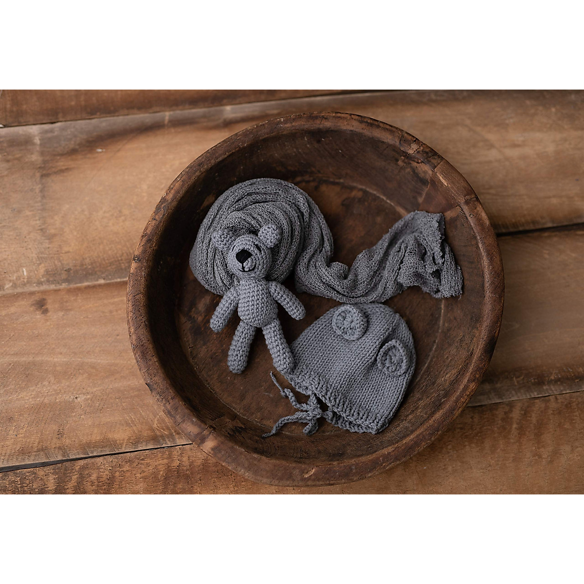 Newborn Photography Props with Baby Wrap - Long Ripple Stretch Wrap with Crochet Beanie Hat and Knitted Teddy Bear - Complete 3 Piece Outfit Set to Swaddle Infant for Boys or Girls Photoshoot Session