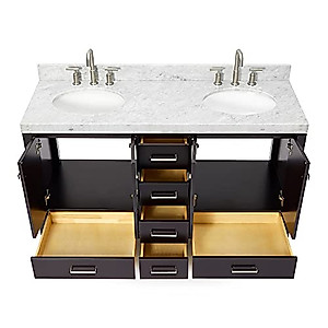 ARIEL Double Bathroom Vanity 60" Espresso, 2" Edge Italian Carrara Marble Countertop & Splash, Rectangular Sinks, 4 Soft Closing Doors, 6 Full Extension Dovetail Drawers, Brushed Nickel