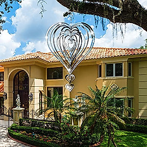 Chitidr 3D Stainless Steel Wind Spinner Beating Heart Wind Spinner Flowing-Light Effect Wind Chime with 2 Pieces Mini Heart Decor for Outdoor Garden Decorations