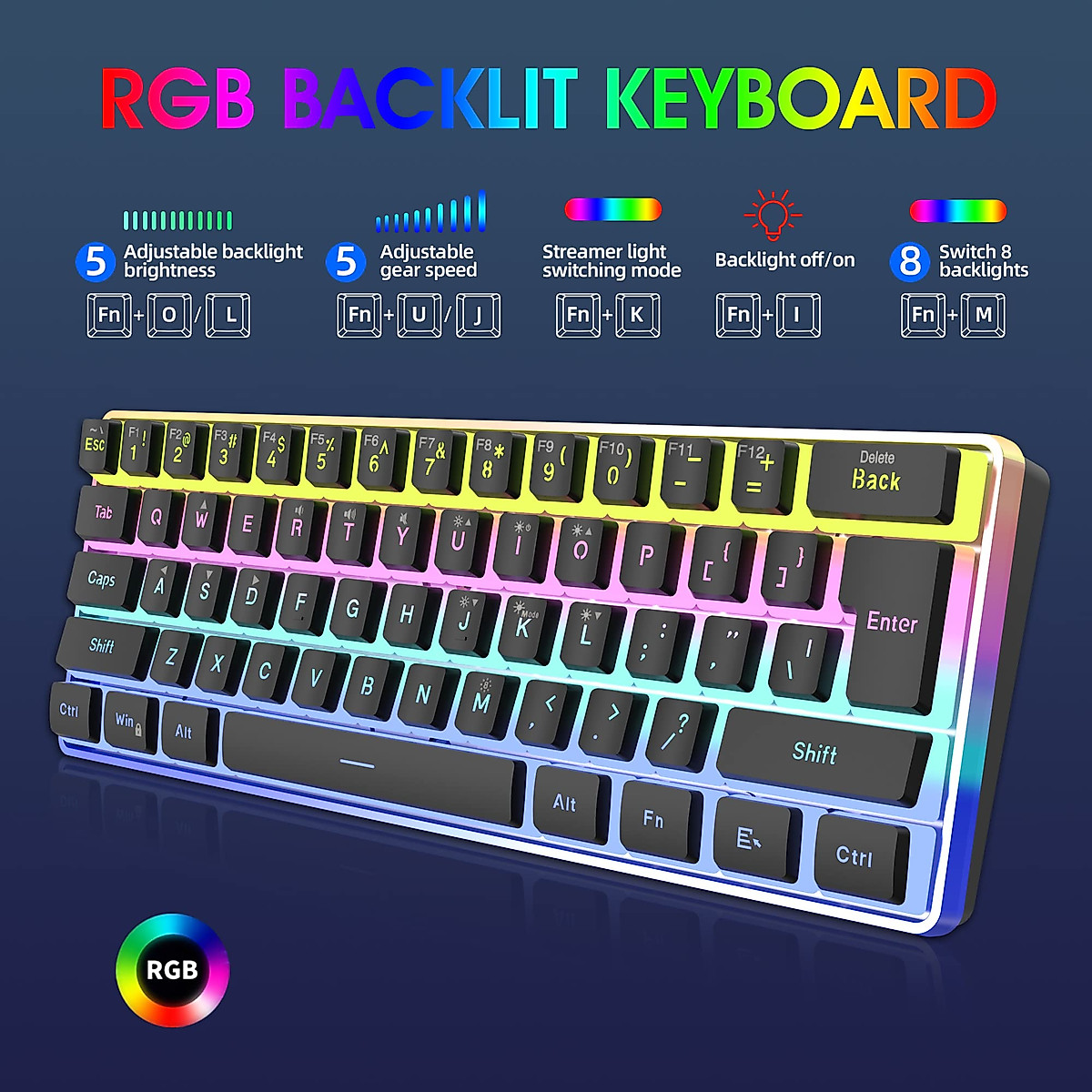 Snpurdiri 60% Wired Gaming Keyboard, Pudding Keycaps with Translucent Layer,RGB Ultra-Compact Mini Keyboard, Waterproof Small 61 Keys Keyboard for Office/Gaming(Black)
