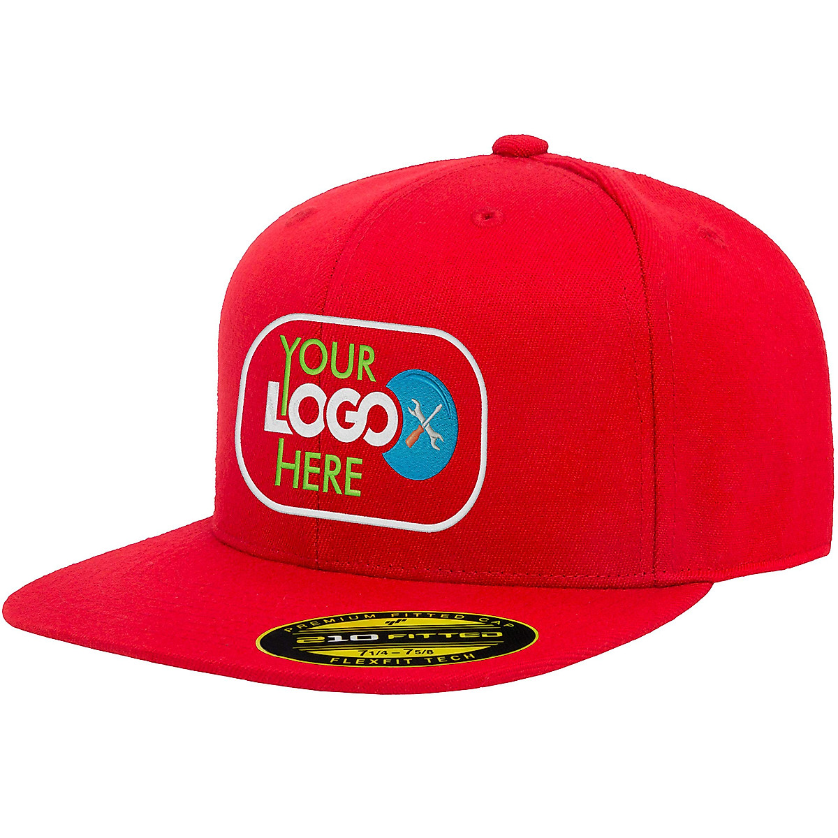 Personalized Flexfit 210 Cap. Custom Logo Hat. Embroidered. Fitted Flat Bill (Red, L/XL (7 1/4” - 7 5/8”))