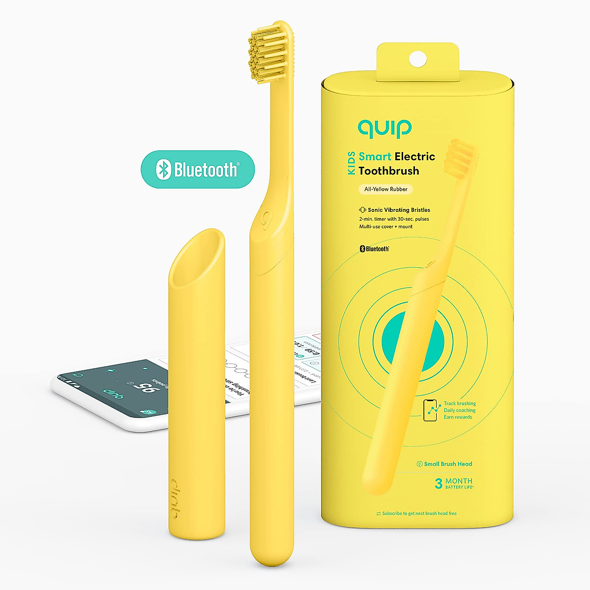 quip Kids Smart Electric Toothbrush - Sonic Toothbrush with Bluetooth® + Rewards App, Small Brush Head, Soft Bristles, Travel Cover/Mirror Mount, Timer, and Rubber Handle - All-Yellow