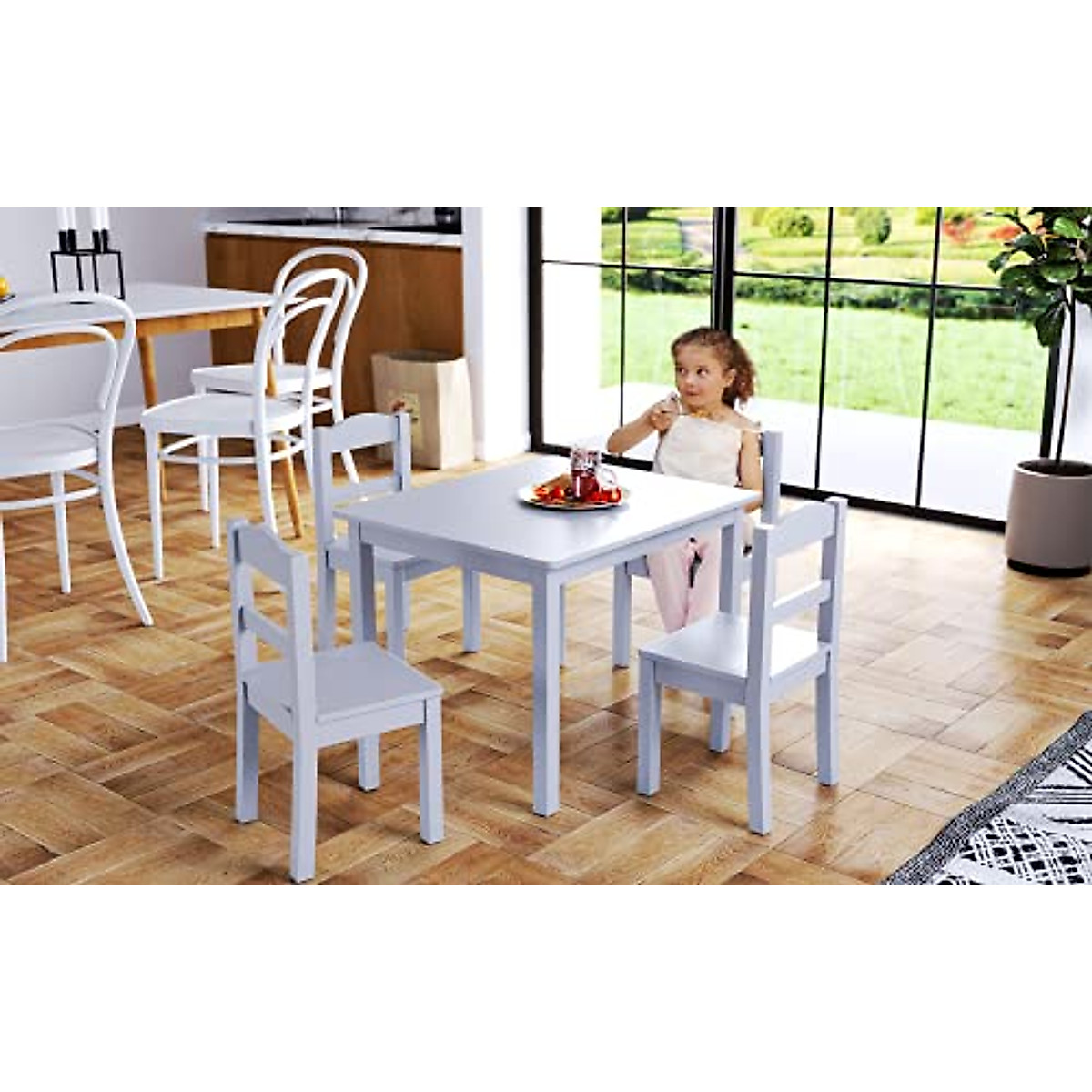 Humble Crew, White Kids Wood Table and 4 Chairs Set & Extra-Large Toy Organizer, 16 Storage Bins, White/White
