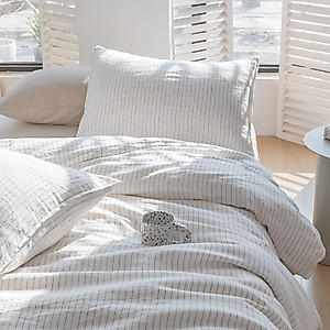 Simple&Opulence 100% Linen Duvet Cover Set 3pcs Yarn Dyed Vertical Pinstripe Ticking Pattern Natural French Washed Flax Breathable Farmhouse Bedding - Grey Stripe, King Size