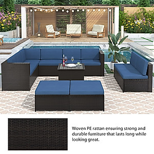 Merax 9-Piece Patio Furniture Set Outdoor Conversation PE Wicker Rattan Sectional Sofa, Coffee Table and Ottoman, Blue