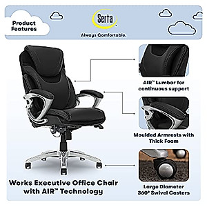 Serta AIR Health and Wellness Executive Office Chair, High Back Big and Tall Ergonomic for Lumber Support Task Swivel, Bonded Leather, Black