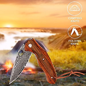 Benkey Damascus Folding Knife, Sharp VG10 Core Damascus Steel Pocket Knives with Natural Wood Handle, Quality Leather Sheath, Ball Bearing, Liner Lock, Lightweight Pocket Knife for EDC Men Women