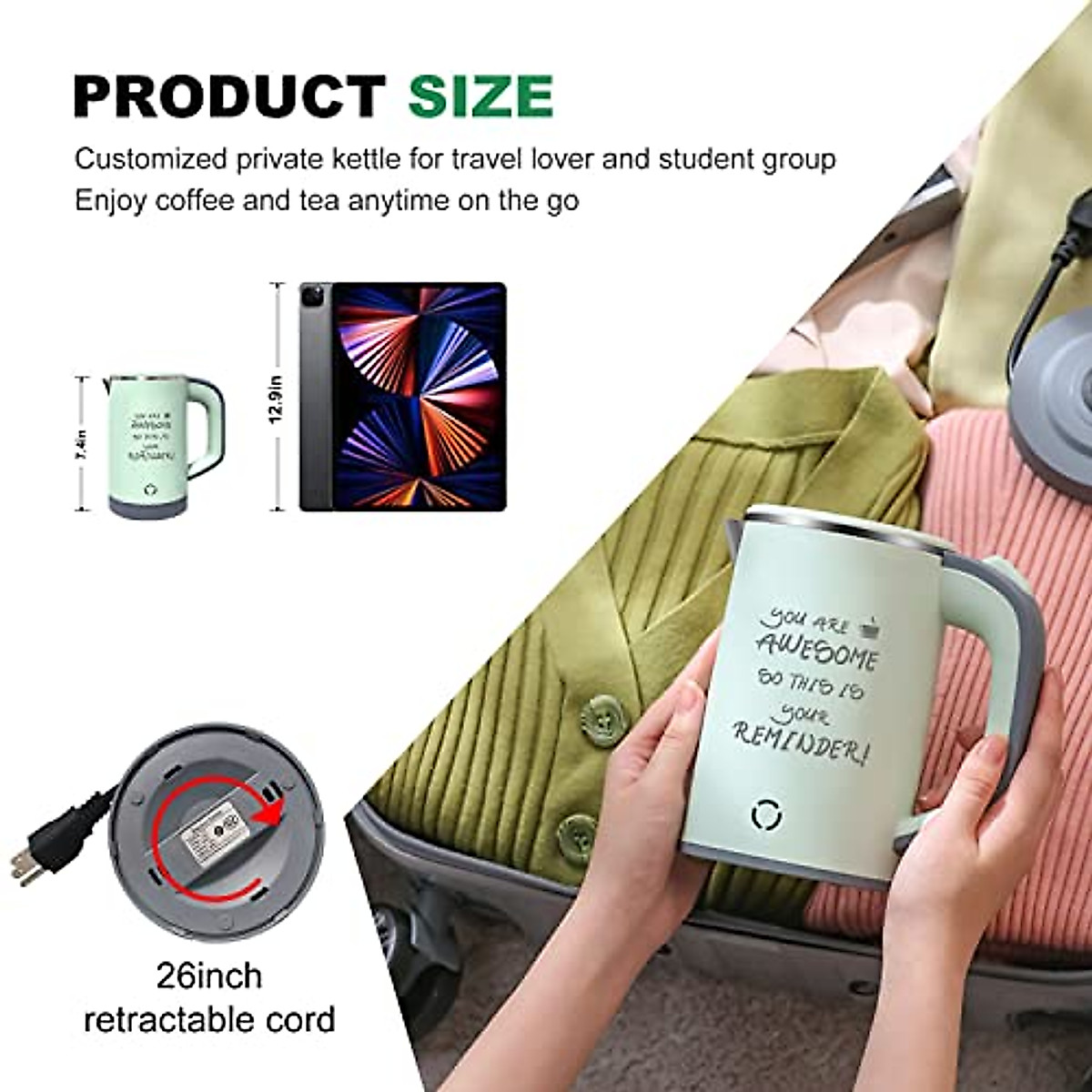 Small Electric Tea Kettle, 0.8L Portable Travel Hot Water Boiler Stainless Steel,Low Power Cordles Mini Electric Coffee Kettle Auto Shut-off,Gift For Camping, Travel, Office And Student Dormitory