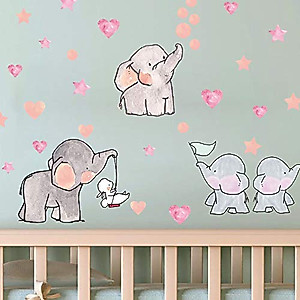 IARTTOP Adorable Elephant Wall Decal, Lovely Family Elephant with Love Heart Stars Wall Sticker, Baby Elephant Decor Wall for Nursery Bedroom Classroom Decoration