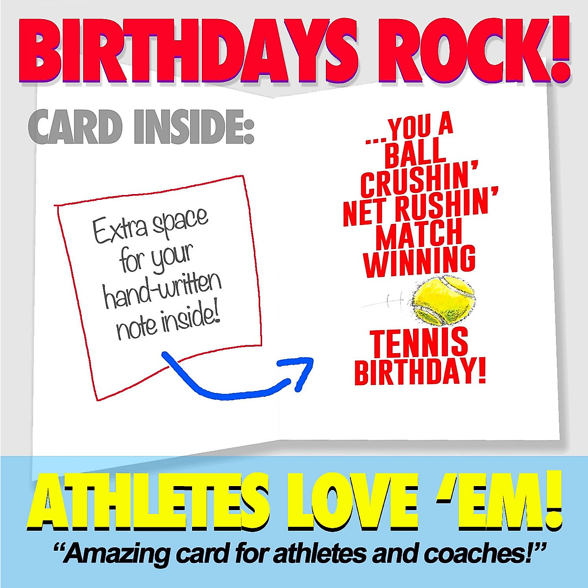 Play Strong Tennis Birthday Card 1-Pack (5x7) Power Player Illustrated Sports Birthday Cards Greeting Cards- Awesome for Tennis Players, Coaches and Fans Birthdays, Gifts and Parties!