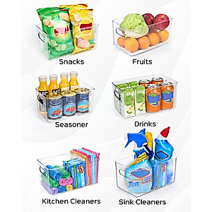 Pereysi 4 PCS Clear Plastic Storage Bins, Refrigerator Organizer Bins with Handles, Pantry Organizer Bins for Food, BPA-Free Fridge Organizer for Fridge, Freezer, Kitchen, Cabinet, Pantry, 10" Long