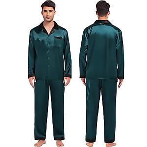 SWOMOG Couples Pajama Sets Women & Men Silky Satin Long Sleeve Sleepwear Classic Button Down Soft Loungewear Pjs Set Women Deep Green Large