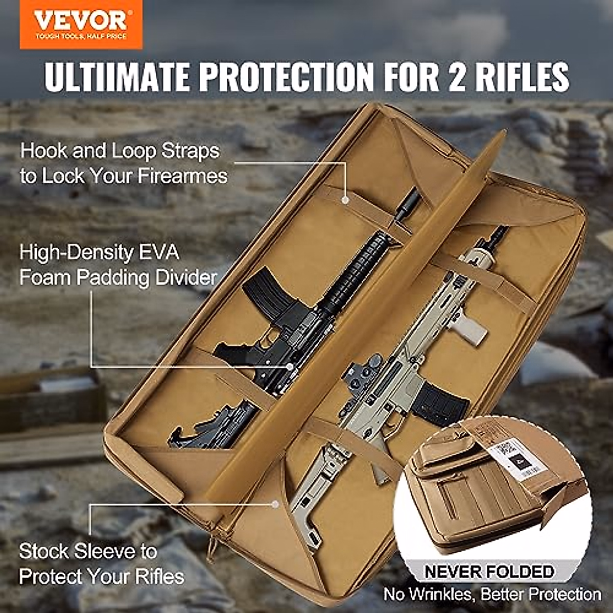 VEVOR Rifle Bag, 36 inch Tactical Double Long Gun Bag, Soft Rifle Case with Lockable Zipper, Portable Handle & Shoulder Strap, 3 Large Storage Pockets Rifle Case for Two 34" Rifles & 2 Pistols, Brown