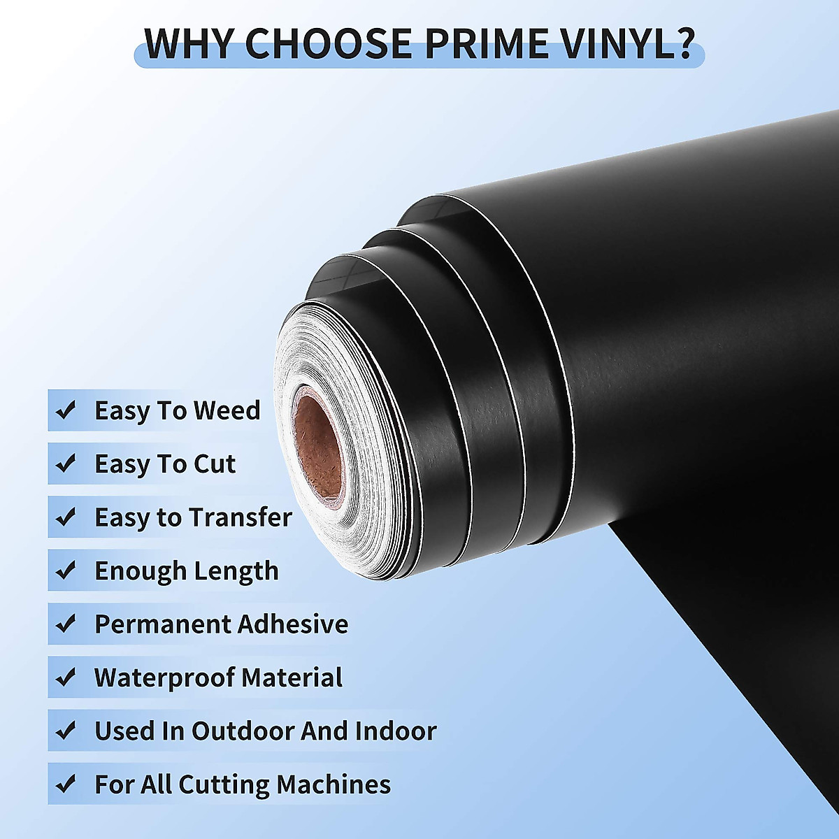 Prime Vinyl Black Permanent Vinyl Roll - 12" x 55 Ft-Black Self Adhesive Vinyl Roll for Silhouette Cameo, Decor Sticker, Cutting Machine, Craft Cutter Machine, Home Decal