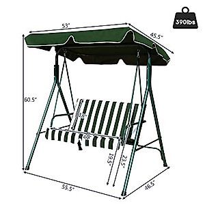 Tangkula 2-Person Patio Swing, Outdoor Yard Swing with Canopy & Cushion, Weather Resistant Steel Lounge Swing Chair for Porch, Backyard, Garden, Balcony (Green)