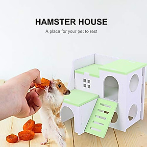 TEHAUX Wooden Hamster House- Double Layers Small Pet Playground with Slide, Hamster Hideout Hut Play Toys for Dwarf Hamster, Mouse, Rat and Other Small Animals (Green)