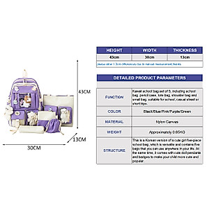 DACHAIHU Kawaii Backpack 5Pcs Set Aesthetic School Bags 17in Cute Bookbag with Badge&Pendant,Shoulder Bag,Pencil Box,Tote Bag,Small Bag Purple