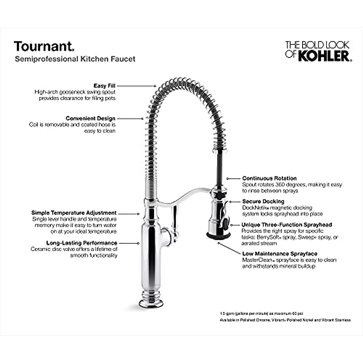 KOHLER 77515-VS Tournant Semi-Professional Pull-Down Kitchen Sink Faucet, Standard, Vibrant Stainless Steel