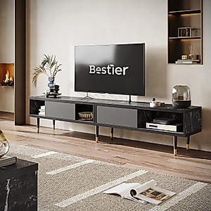 Bestier Mid Century Modern TV Stand for 85 inch tv, Entertainment Center with Storage and Sliding Doors, 2 in 1 Long TV Cabinet for Living Room, Black Marble