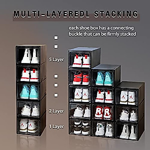 MMBABY 12 Pack Shoe Storage Box Shoe Box Clear Plastic Stackable Drop Front Shoe Organizer Space Saving Foldable Shoe Container Bin Fit up to US Size 12 (Black)