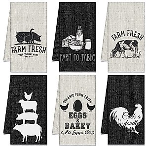 Redbaker 6 Pcs Farm Animal Theme Kitchen Towels Farmhouse Funny Dish Towel Rustic Hand Towels Rooster Cow Pig Decorative Tea Towels Absorbent with Hanging Loop for Kitchen Bathroom Housewarming Gift