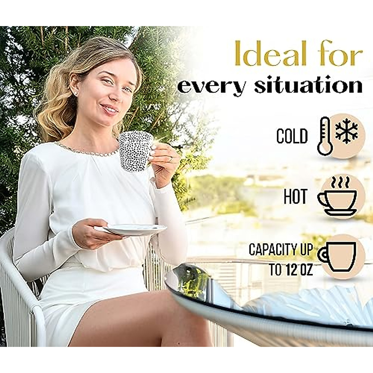 Monarca Set of 4 Mugs with Gold Tea Spoons, Ceramic with Real Gold Plated Handle, Aesthetic, Hand Painted 12 oz Elegance Colors Black, White and Gold