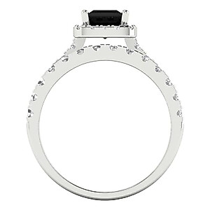 1.54 carat Princess Cut Halo Solitaire Natural Black Onyx Wedding Anniversary Bridal Ring band set 14k White Gold 6