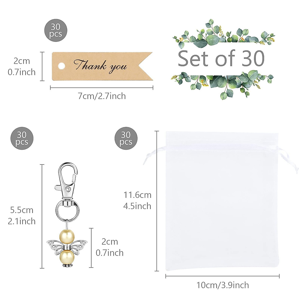 GWHOLE 30 Set of Angel Keychain with Organza Gift Bags and Thank You Favor Tags Guest Return Gift for Baby Shower Baptism Favors Wedding Bridal Birthday Party Favors, Beige