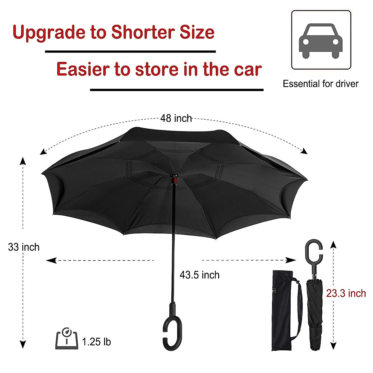 LANBRELLA Umbrella No Drip Umbrella Double Layer Inverted Umbrella C Shaped Handle Windproof Compact Folding - Black