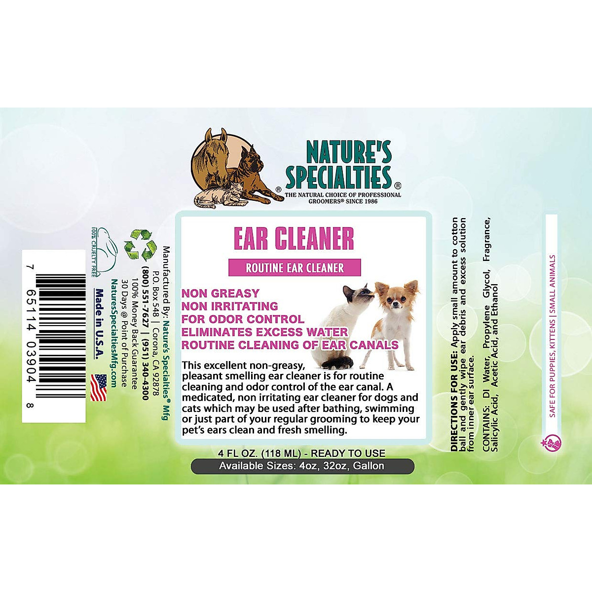 Nature's Specialties Dog Ear Cleaner Medicated Solution Non-Greasy Non-Irritation Made in USA Non-Toxic, 32 Ounces