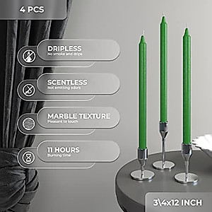 CANDWAX Green Taper Candles Pack of 4 - Straight Candles 12 inch Ideal as Unscented Candles, Dinner Candles and Table Candles - Slow Burning Candles Dripless - Smokeless Long Candlesticks