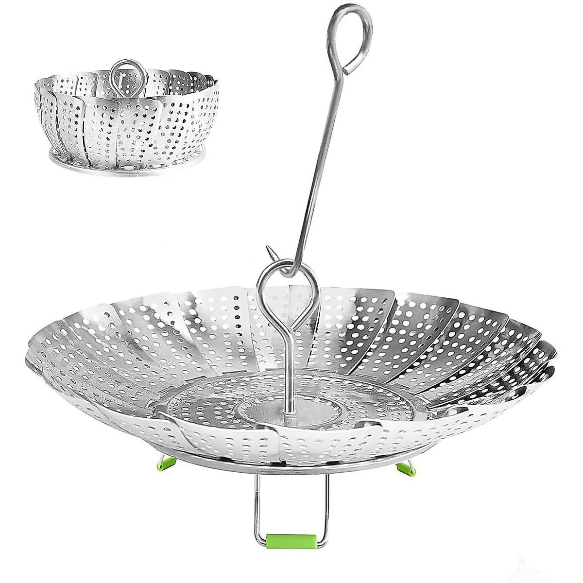 Steamer Basket Stainless Steel Vegetable Basket Metal Handle Folding Silicone Feet Steamer Insert for Cooking Veggies Fish Seafood Include Safety Tool,Fit Various Pot Pressure Cooker (7" to 11")