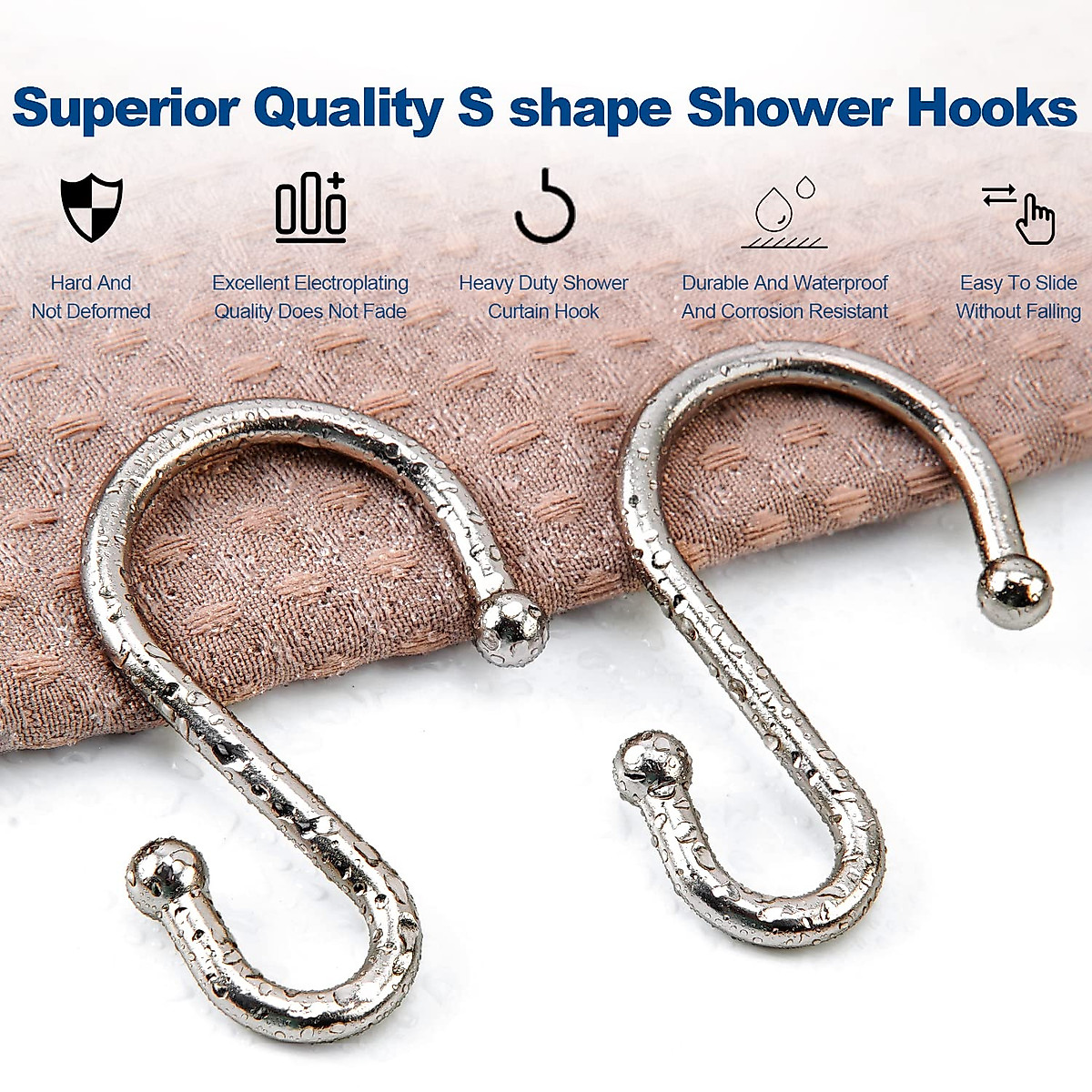 TOPROD Shower Curtain Hooks Rings, Stainless Steel S Shaped Shower Hooks Rust Proof, Shower Curtain Hangers for Shower Curtain, Kitchen, Wardrobe & Garden, Brushed Nickel, Set of 12
