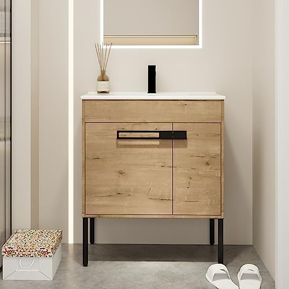 SSLine 2-in-1 Wall Mounted & Free Standing Bathroom Vanity with Sink Modern 30" Bathroom Vanity with Top Basin&Storage Cabinet Brown Oak Wood Bath Vanity w/Ceramic Sink for Small Space