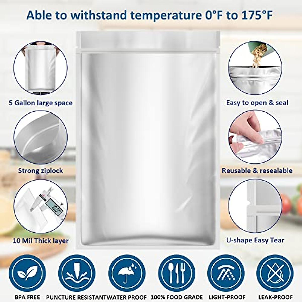 20 PCS 5 Gallon Food Storage Bags- 10 Mil Thick Resealable Mylar Bags with 2000cc Oxygen Absorbers for Home, kitchen, Camping, Hiking, Boat, Long Trips, Fishing, Travelling, Beach Food Storage