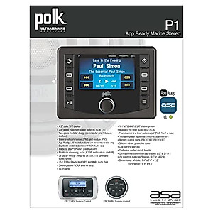 Polk Ultramarine P1 App Ready|Bluetooth| Waterproof Marine Stereo, 4.3" Color TFT Display, 200 Watts Maximum Power Handling (50W x 4), Compatible with iPod/iPhone via Bluetooth (Renewed)