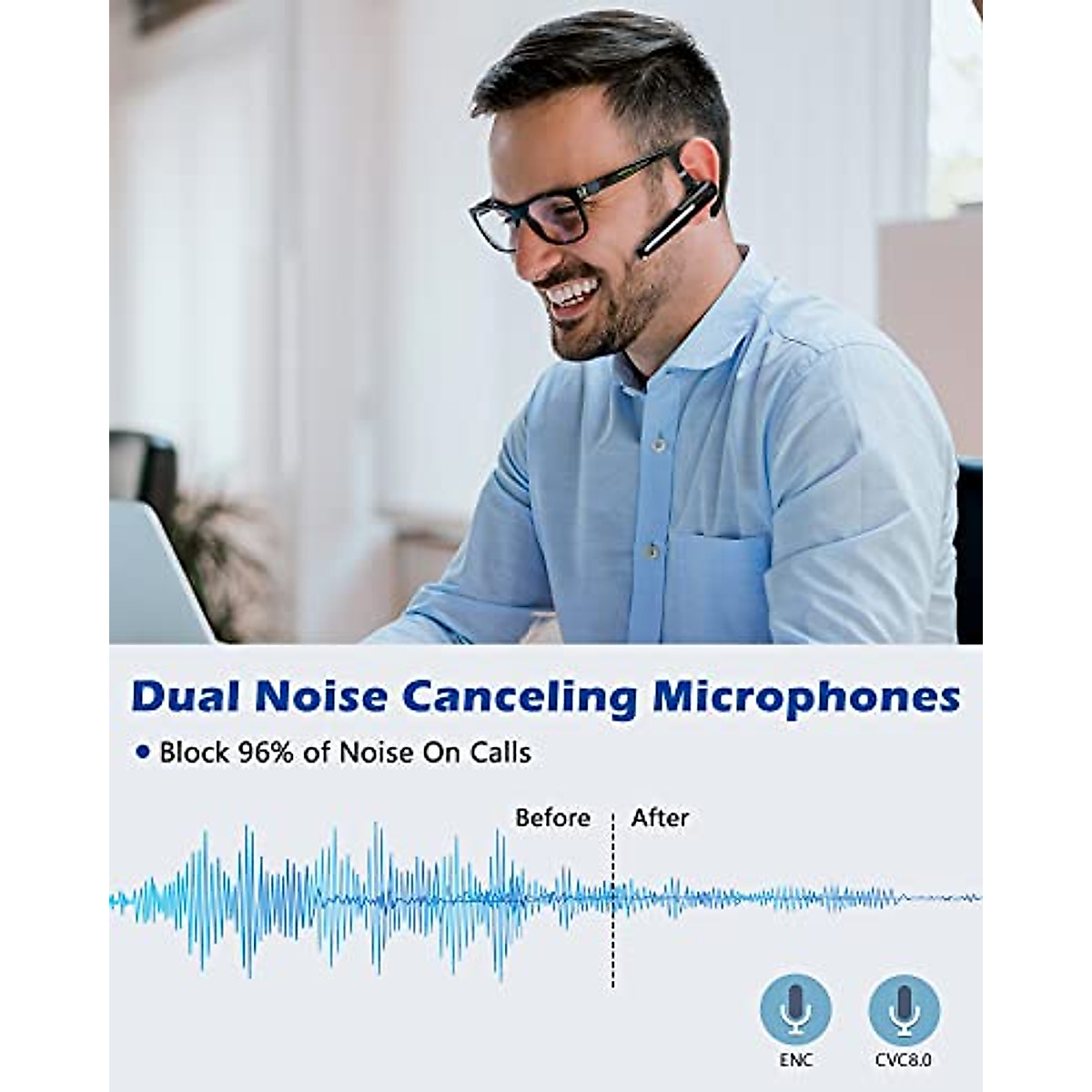 TIANLI Bluetooth Headset V5.0, Bluetooth Earpiece with CVC8.0 Active Noise Canceling Dual Microphones for Computer and Cell Phone, Hands-Free Bluetooth Earphone for Driving/Office/Business, Black