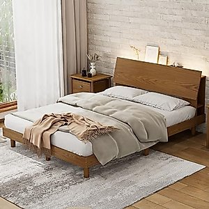 Livavege Queen Bed Frame with LED Lights Headboard, Mid Century Wood Platform Bed w/Storage Shelf and Charging Station, Wooden Slats Support, Queen Size Bedframe No Box Spring Needed, Easy Assembly